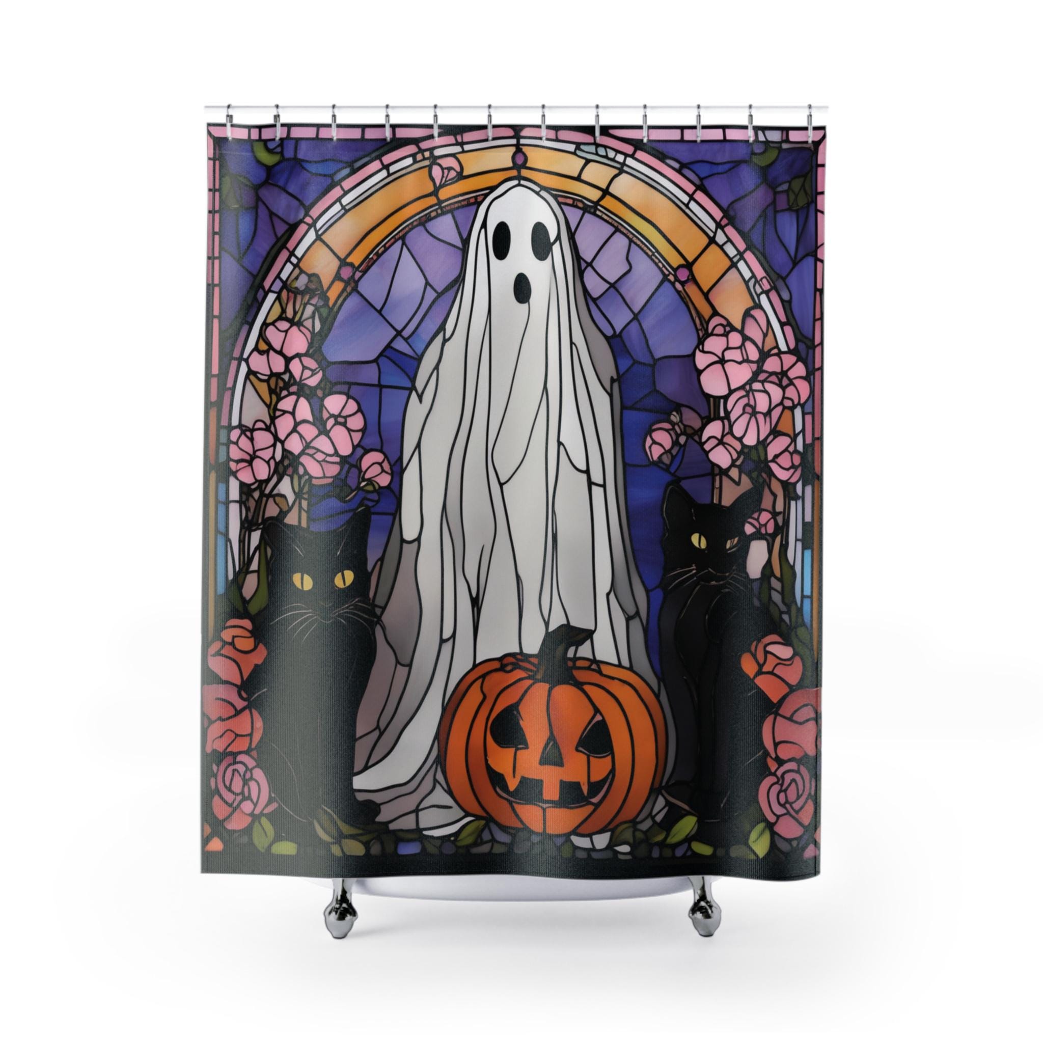 Ghost and Wild Flowers and Black Cats Stained Glass Shower Curtain ...