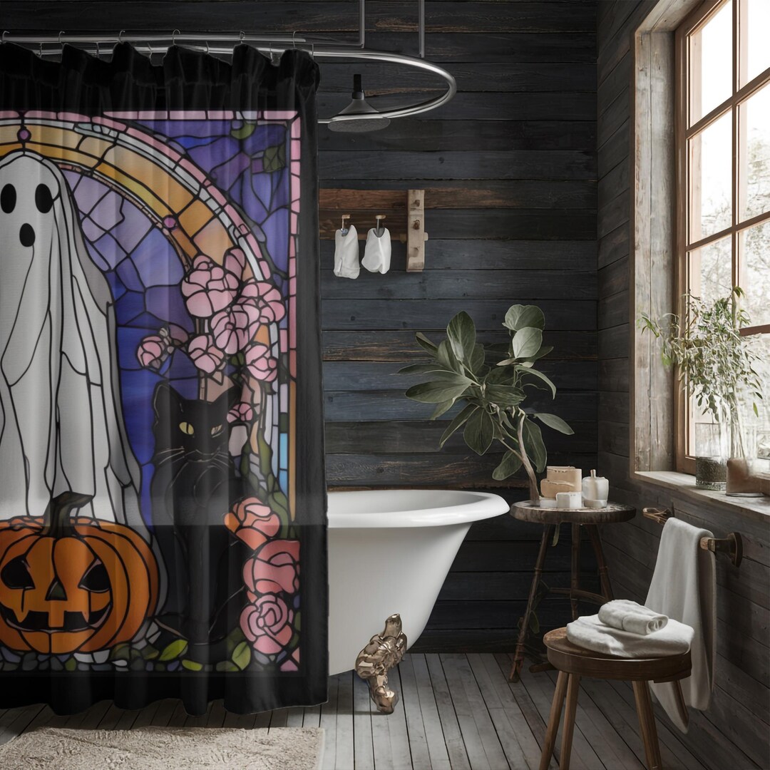 Ghost and Wild Flowers and Black Cats Stained Glass Shower Curtain ...