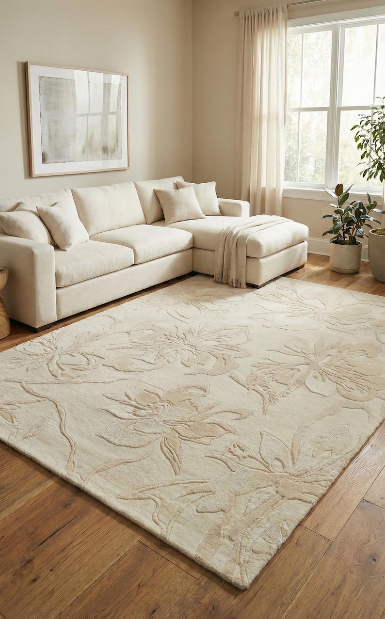 Hand Tufted Ivory Wool Area Rug, Neutral Floral Embossed Rug - Etsy