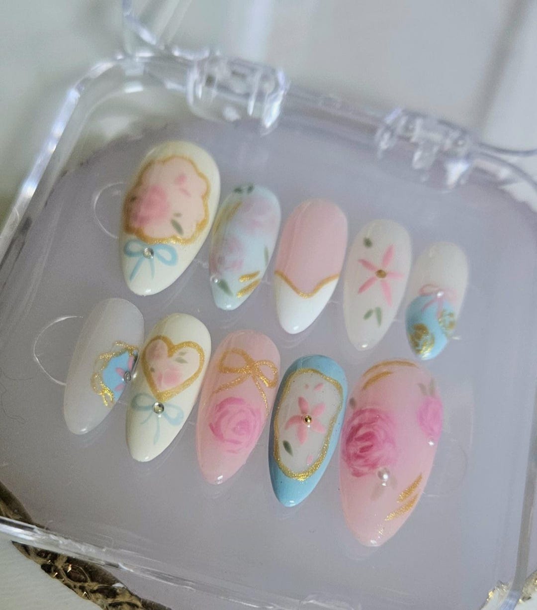 Victorian Dainty Nails | Rose Design | Gold Bows and Details ...