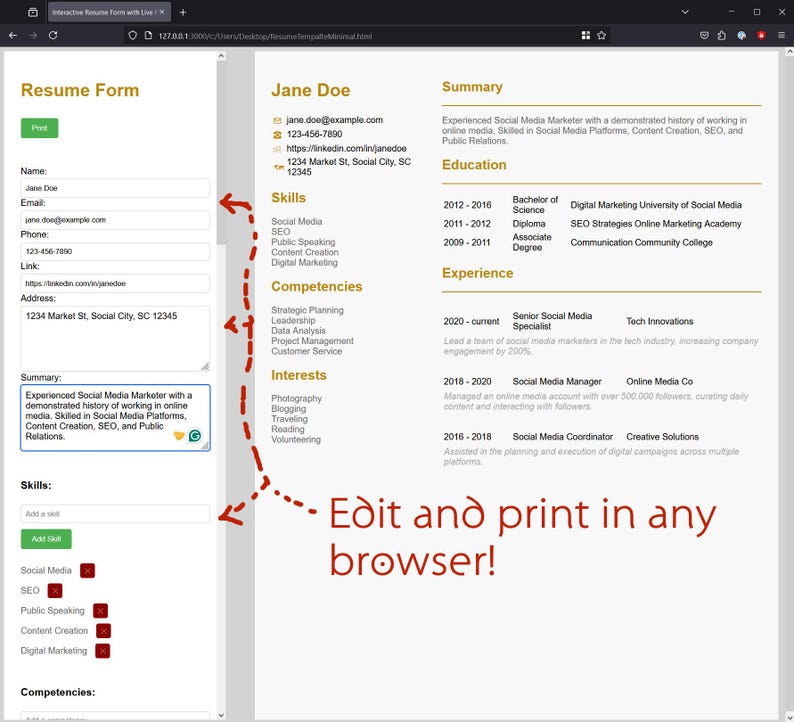 Editable HTML Resume Template - Instant Digital Download - Customizable ...