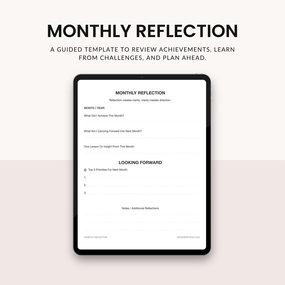 Monthly Reflection Template | Printable PDF (A4 / Letter) for Goal ...