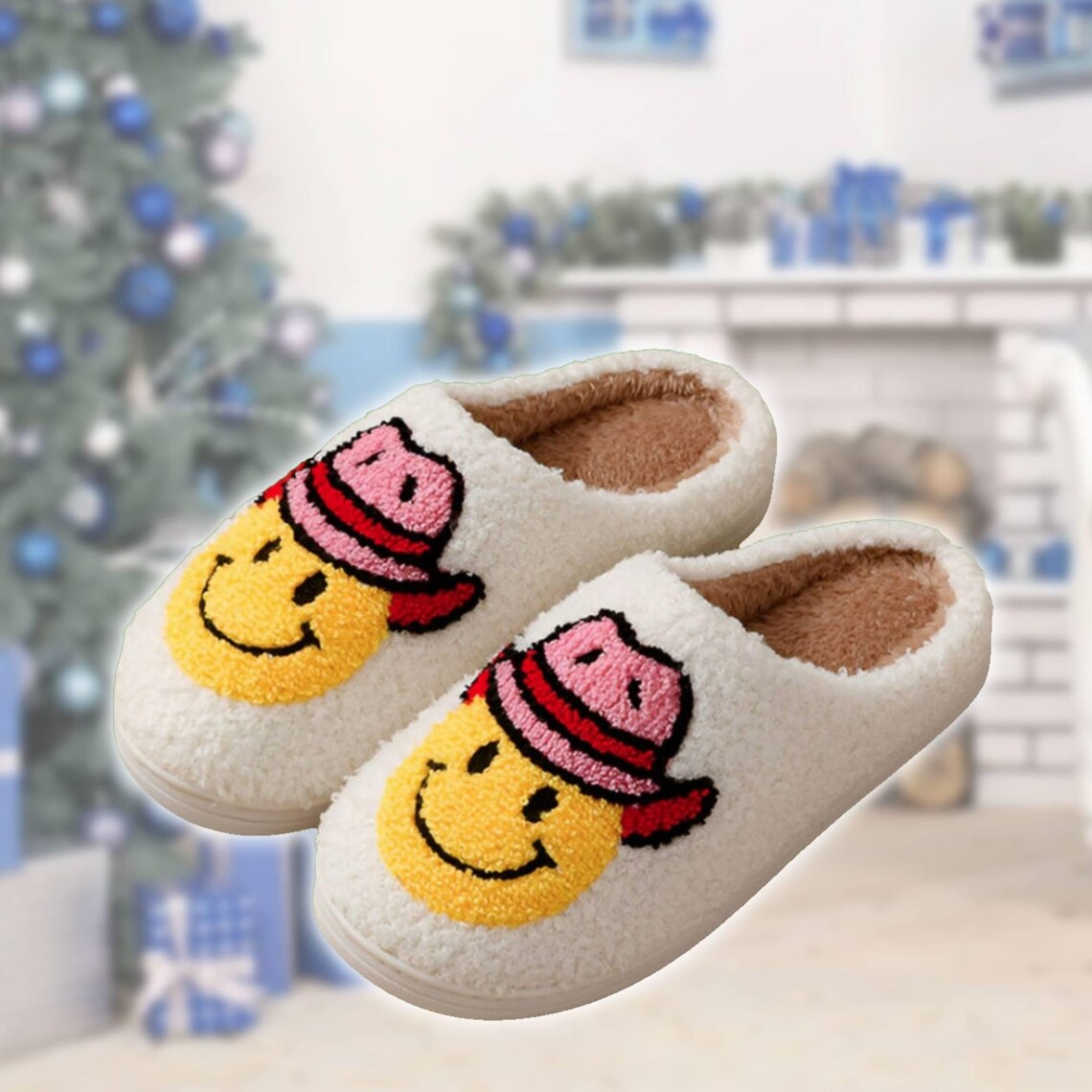 Smiley Face Slippers Fuzzy Slippers Funny Slippers for Women Slippers ...