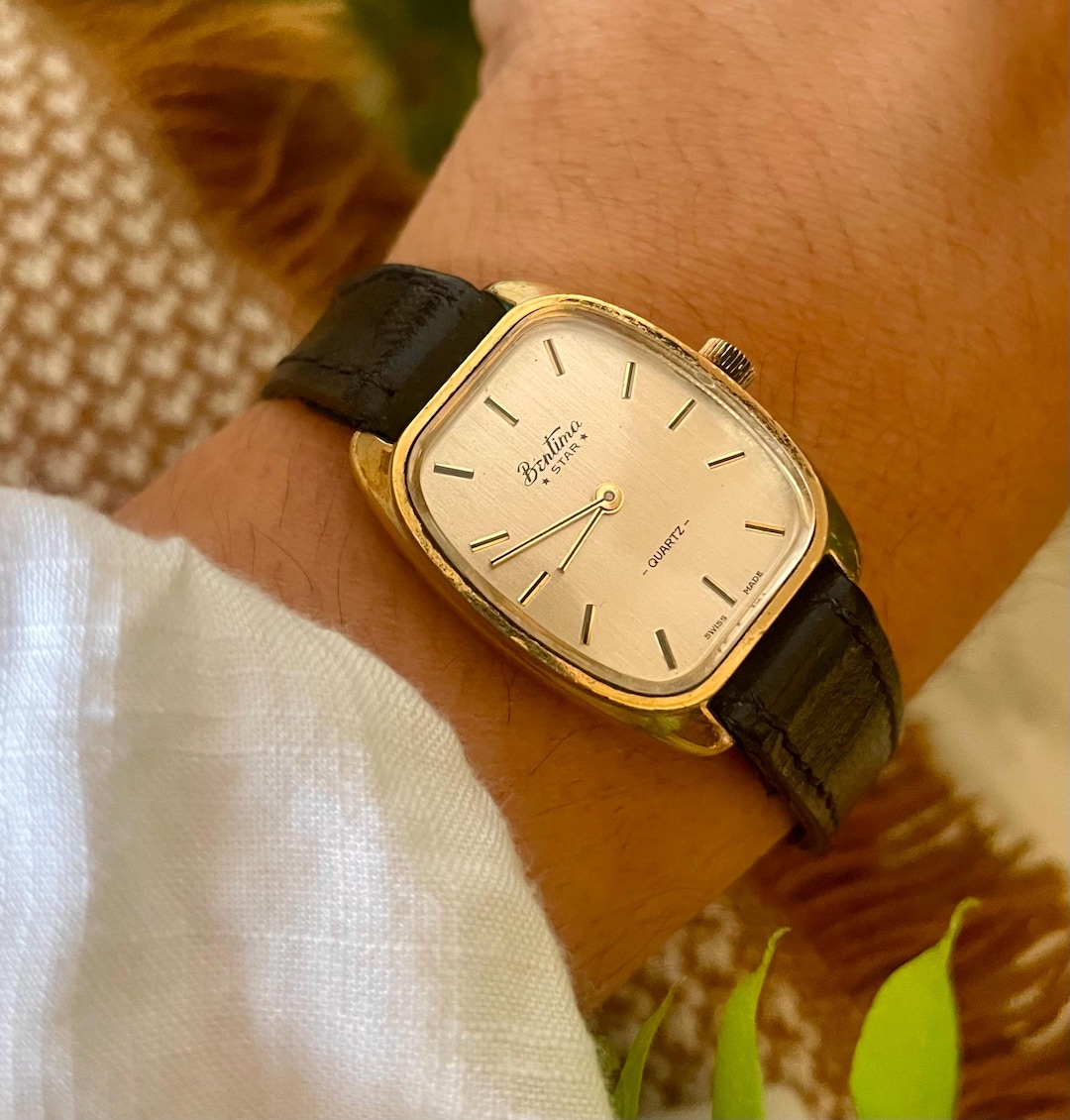 Rare Vintage 1970s Bentima Star Swiss Quartz Gold Plated Rectangular ...