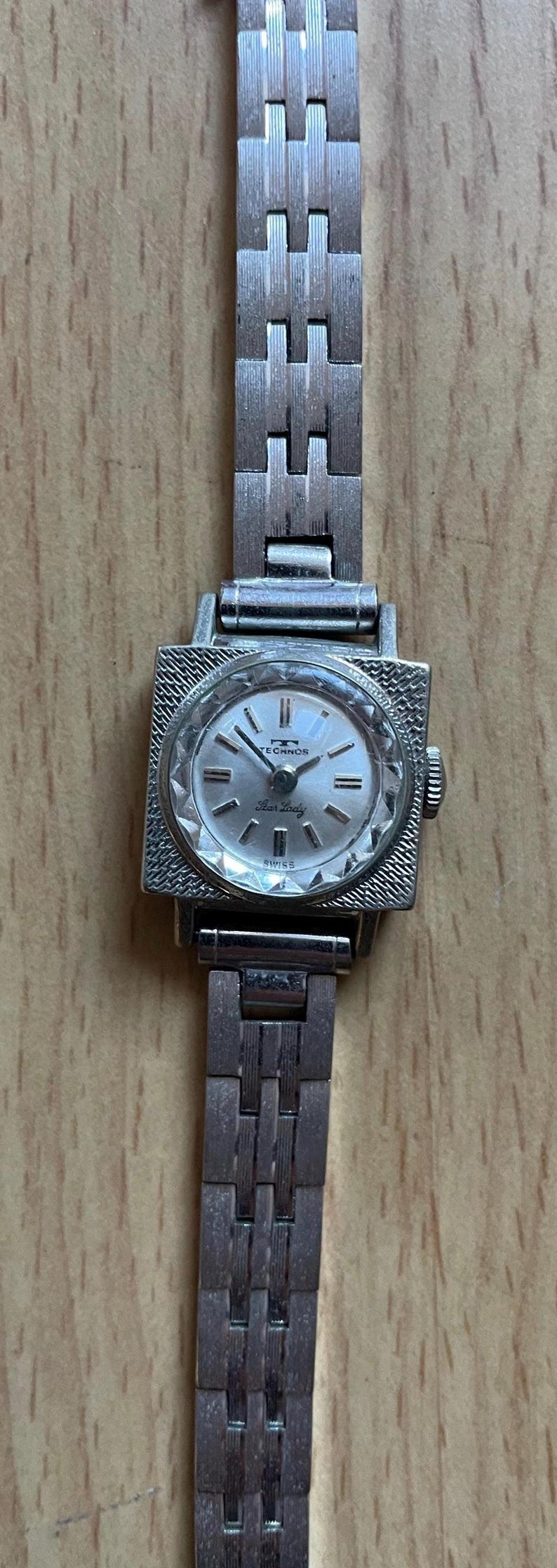 Vintage 1970s Technos Ladies Watch: Silver Chrome, Diamond Cut Dial ...
