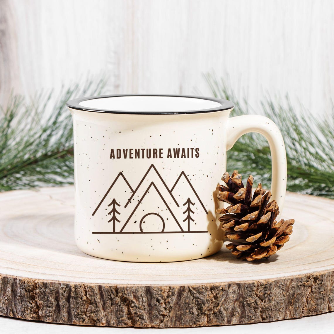 Adventure Awaits - Ceramic Camp Mug Speckled Cream 13oz | Travel ...