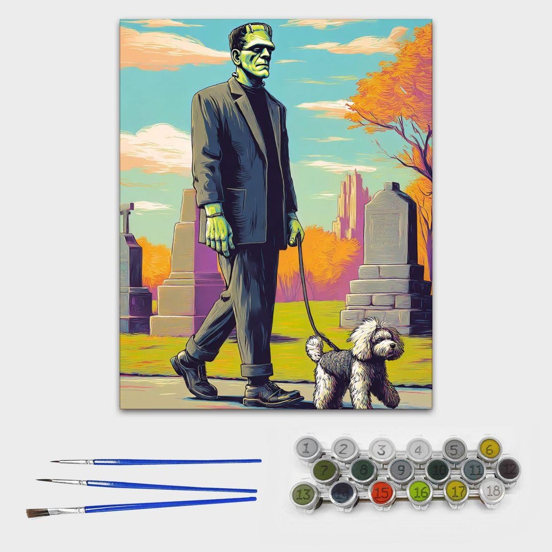 Frankenstein Walking His Dog – Funny Paint by Number Kit - Etsy