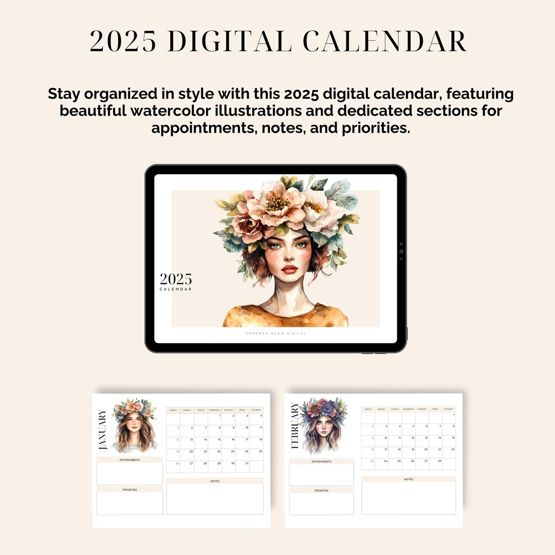 2025 Digital Calendar Downloadable, Watercolor Illustrations, Monthly ...