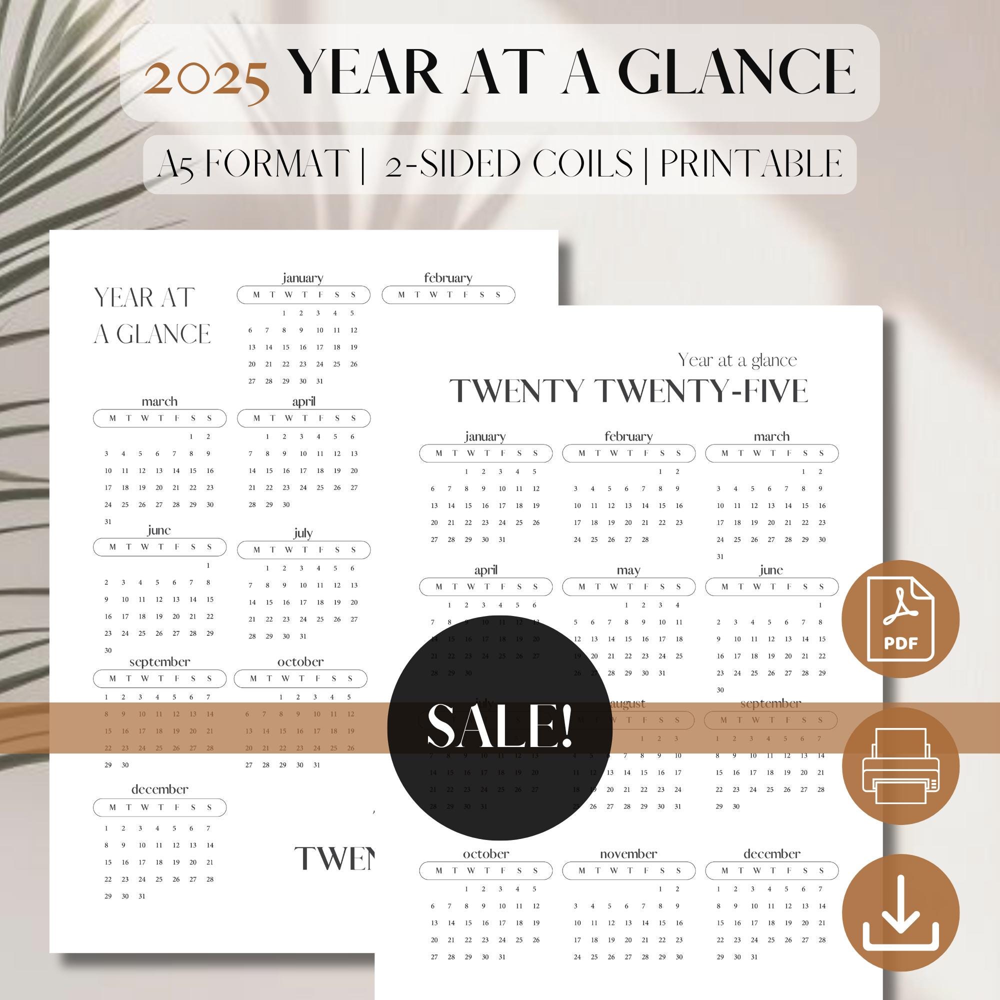 2025 Year at A Glance Dashboards | PDF Printable Planner Insert | 2025 ...