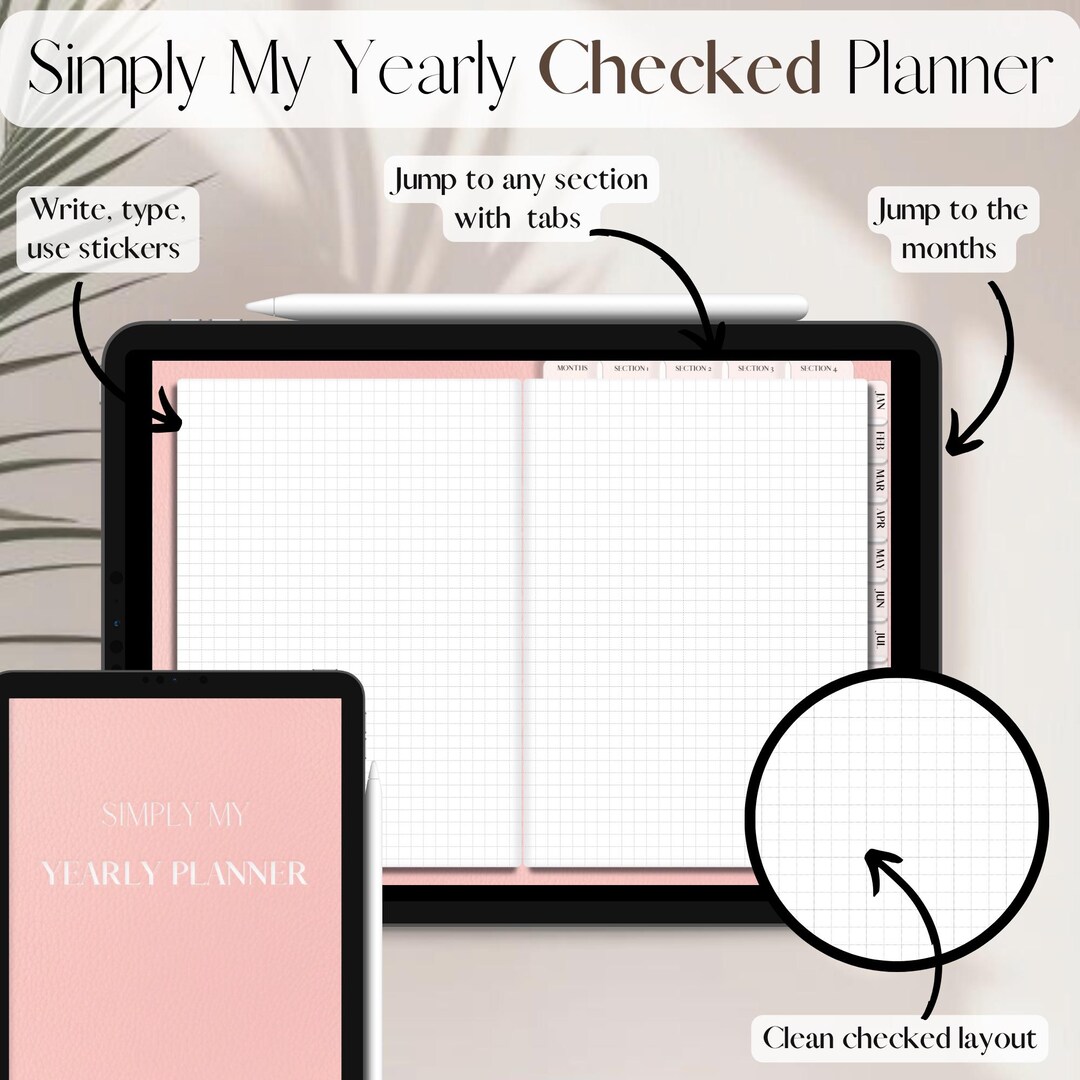 Undated Yearly Digital Planner | Checked Digital Goodnotes Notebook ...