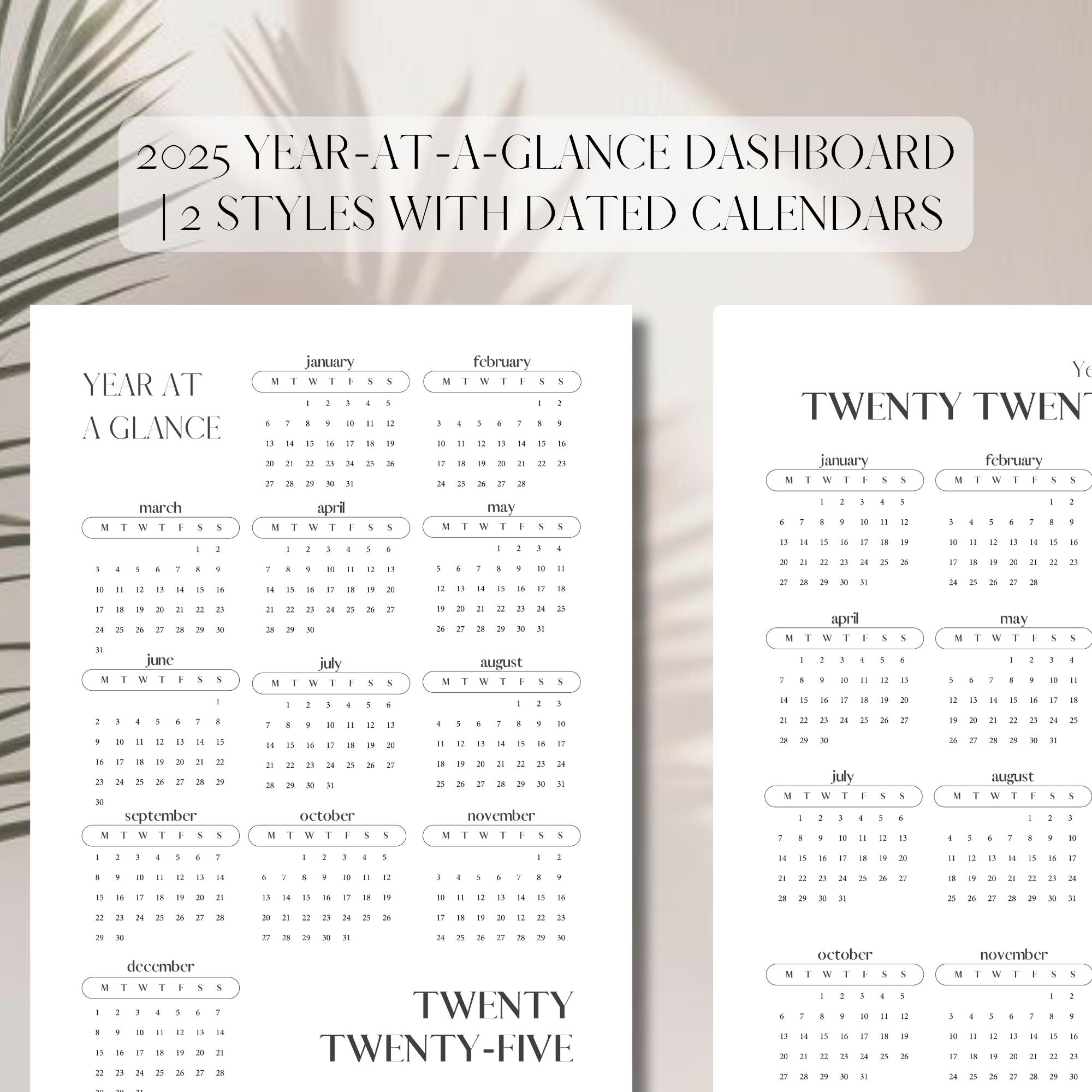 2025 Year at A Glance Dashboards | PDF Printable Planner Insert | 2025 ...