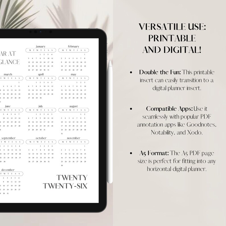 2026 Year at A Glance Dashboards | PDF Printable Planner Insert | 2026 ...