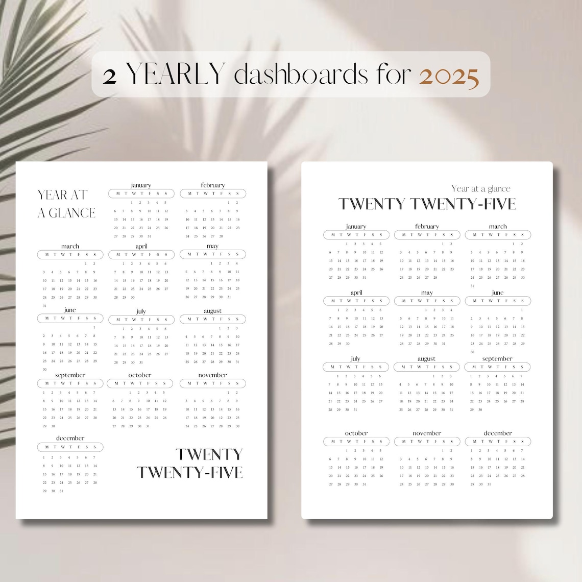 2025 Year at A Glance Dashboards | PDF Printable Planner Insert | 2025 ...