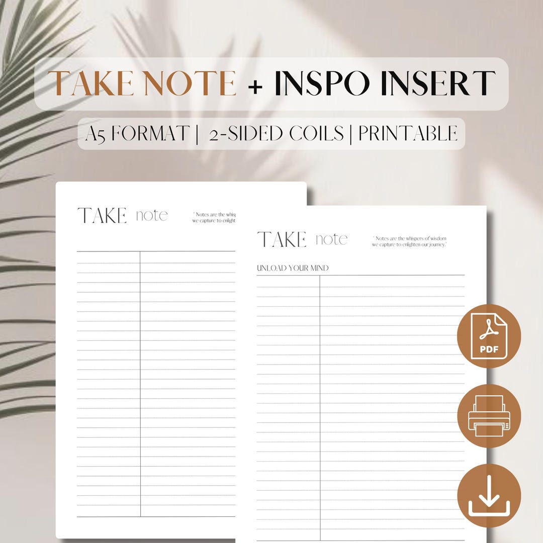 Notes Planner Insert “take Note” | PDF Printable Lined Notepad ...