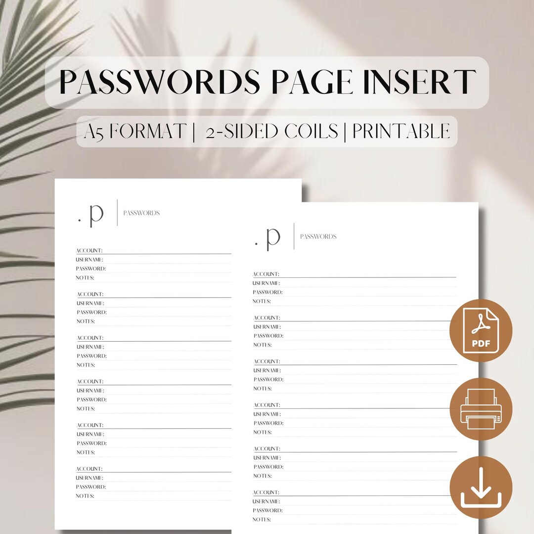 Passwords Log Planner Insert | PDF Printable | Password Keeper Refill ...