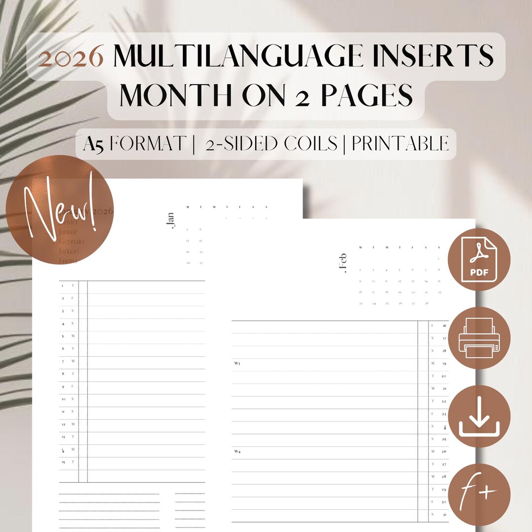 2026 Month on 2 Pages Multilanguage Planner Refills | PDF Printables ...