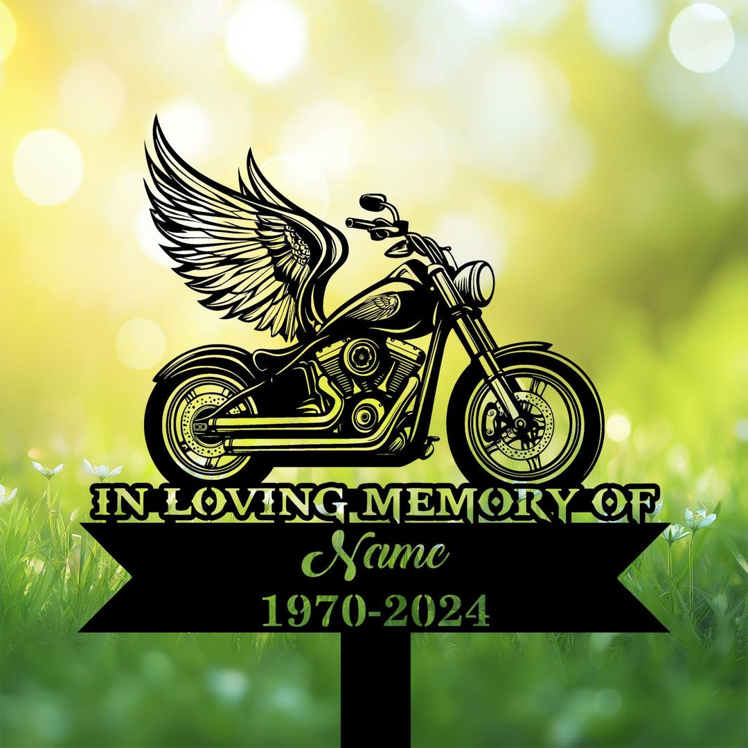 Personalized Motorcycle Memorial Garden Stake – Angel Wing Bike Grave ...