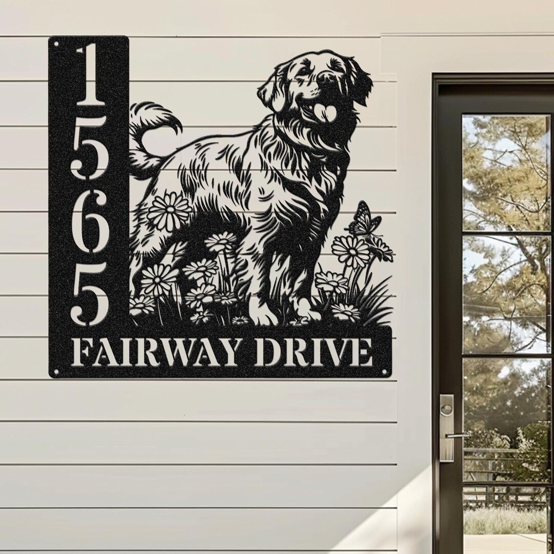 Personalized Golden Retriever Dog House Number, Custom Golden Standing ...