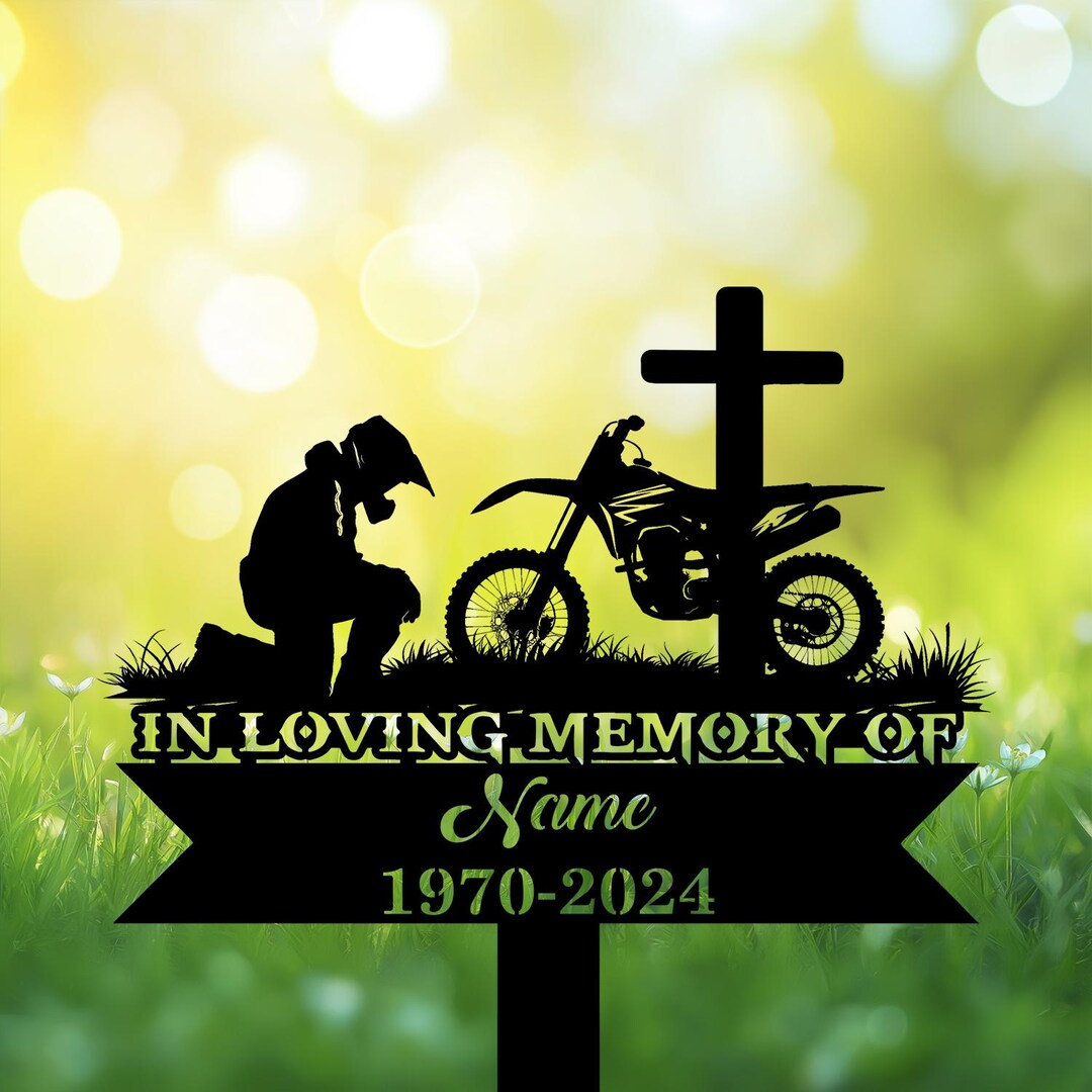 Personalized Dirt Bike Memorial Garden Stakes, Racer Man is Kneeling at ...