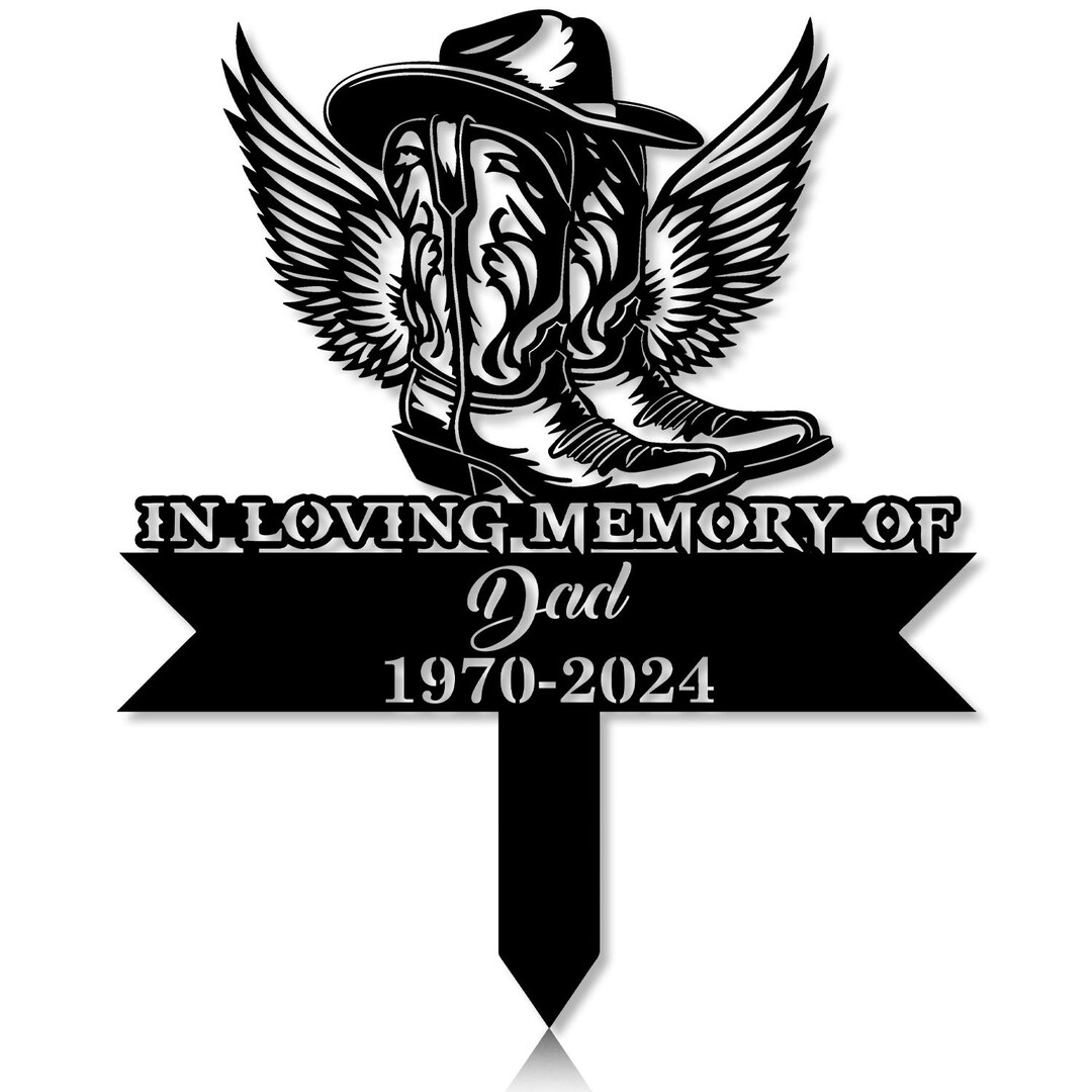 Personalized Cowboy Memorial Garden Stakes, Cowboy Boots Hat With Wings ...