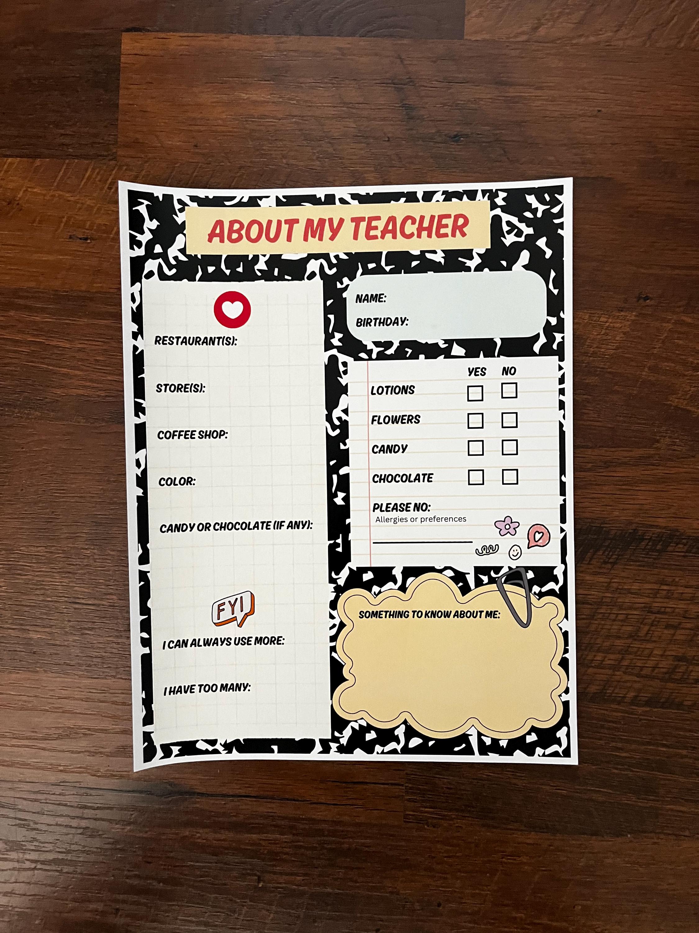 Digital Download Teacher Survey Favorite Things Questionnaire Back to ...