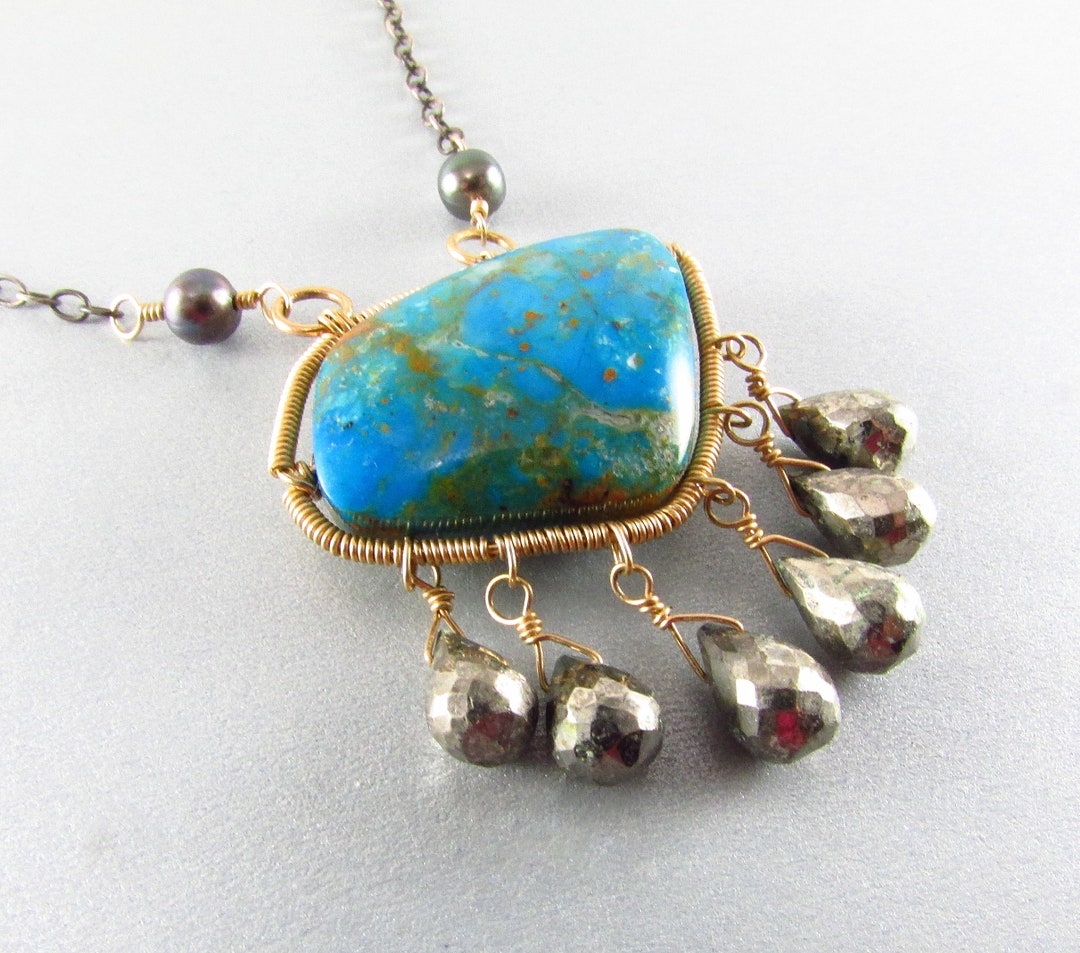 Peruvian Opal With Pyrite and Pearls Mixed Metal Wire Wrapped Necklace ...