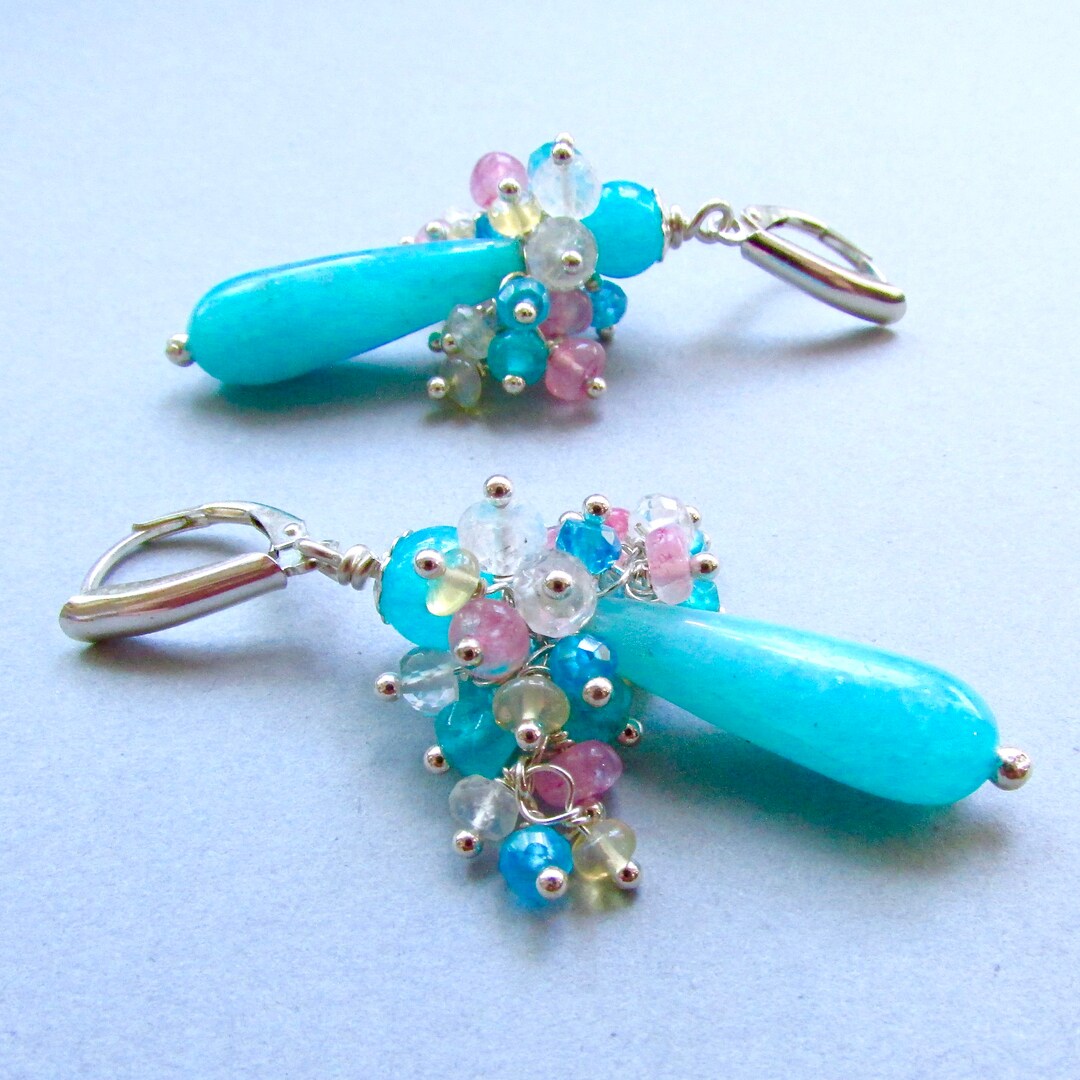Amazonite and Pink Topaz Mixed Metal Dangle Earrings - Etsy Amazonite and Pink Topaz Mixed Metal Dangle Earrings - Etsy
