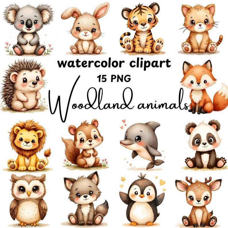 Clipart de animales del bosque en acuarela: Paquete PNG de amigos del ...