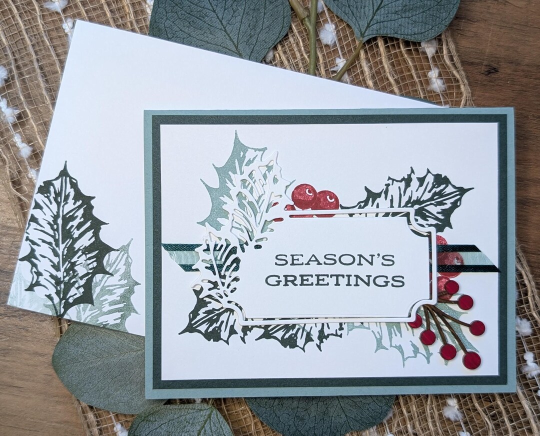 Christmas Handmade Card Seasons Greetings Holly Happy Holidays Merry ...