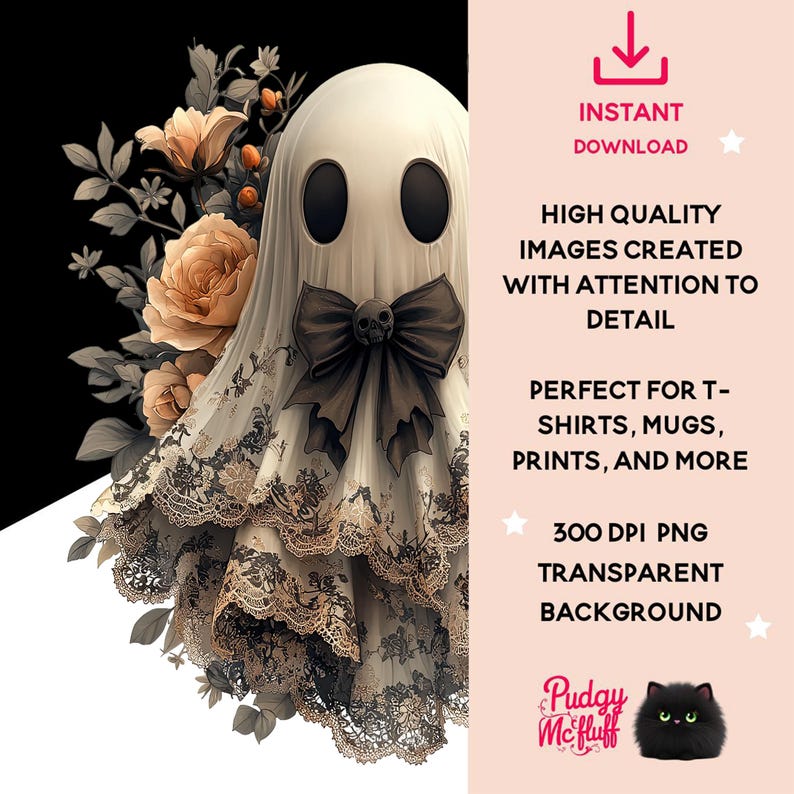 Vintage Halloween Floral Lace Ghost PNG Spooky Coquette Png Sepia Black ...