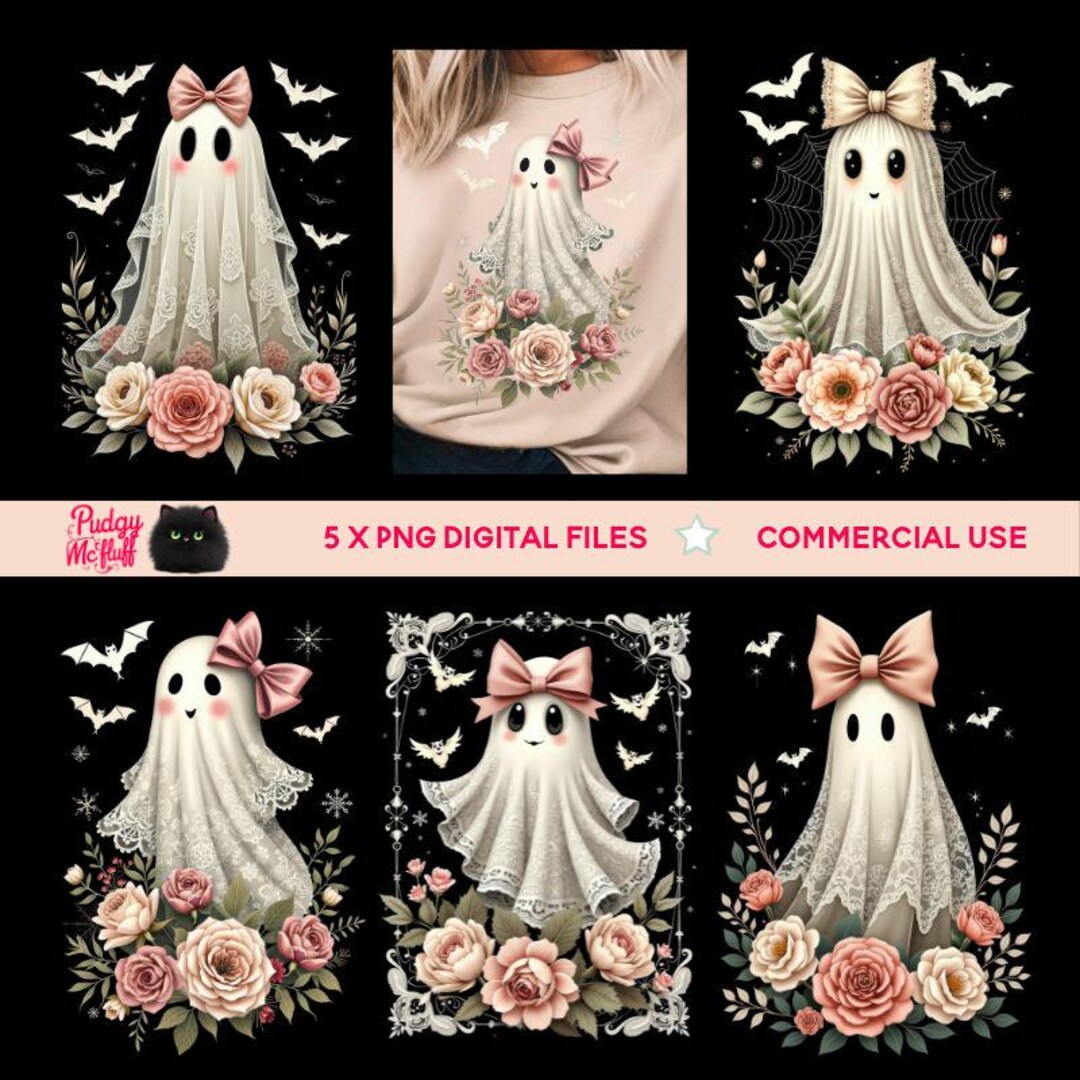 5 Halloween Lace Ghost PNG Pink Bundle Designs | Halloween Boo Lace Bow ...