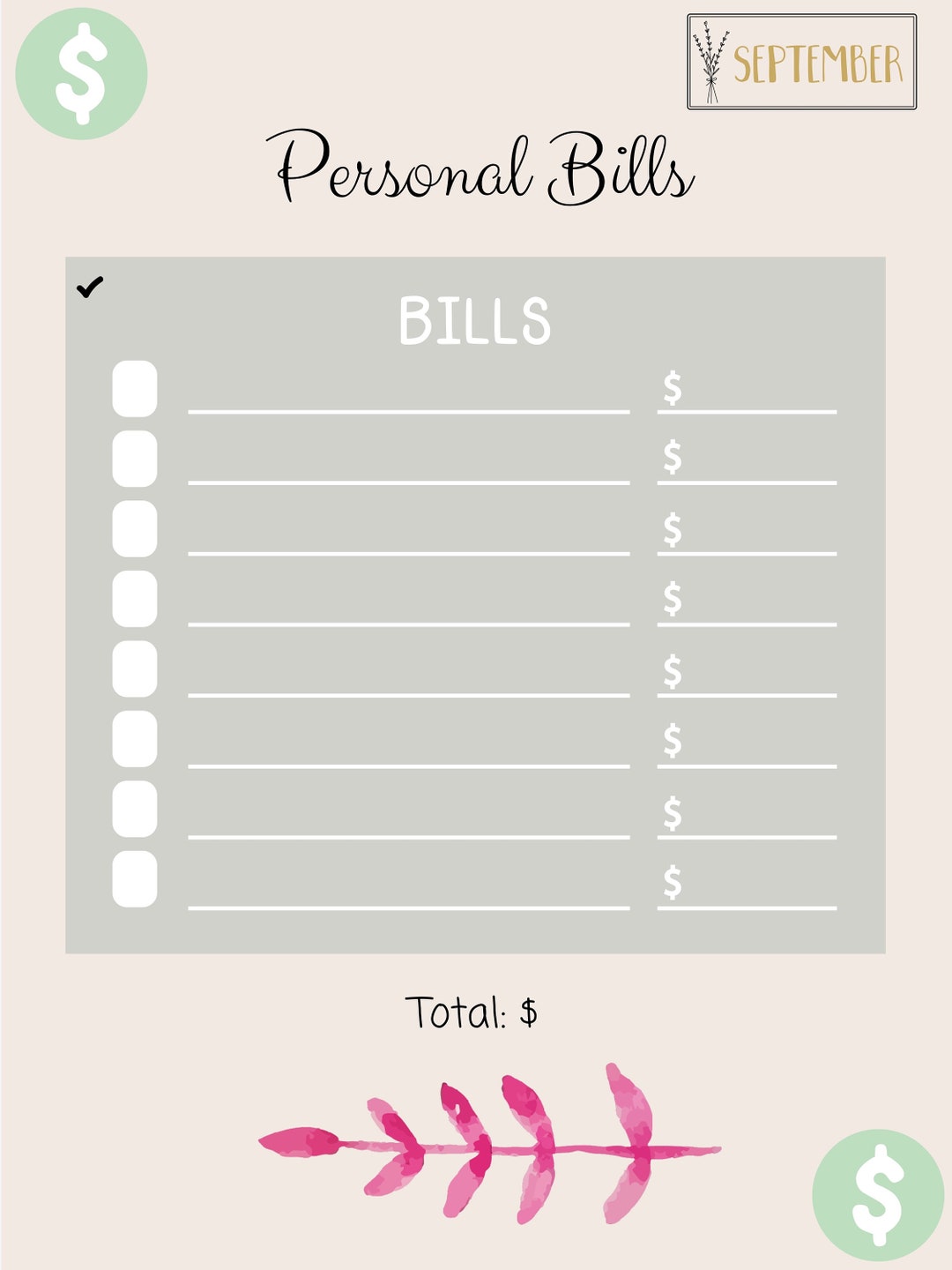 September Personal Bills Budget Template - Etsy