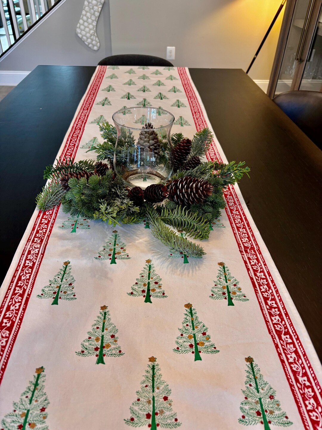 Christmas Hand Block Print Table Runner Handmade Christmas Tree Table ...
