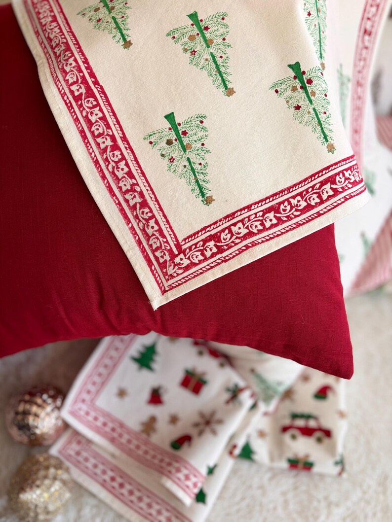 Christmas Hand Block Print Table Runner Handmade Christmas Tree Table ...