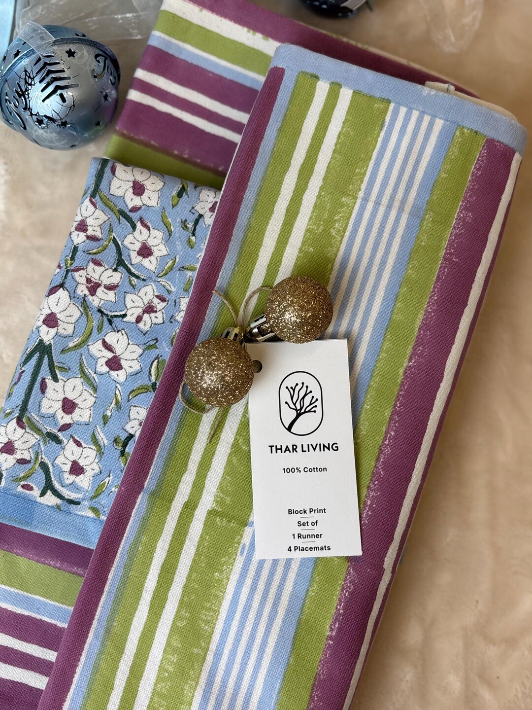 Hand Block Printed Table Runner and Placemats Gift Set– Holiday Table ...