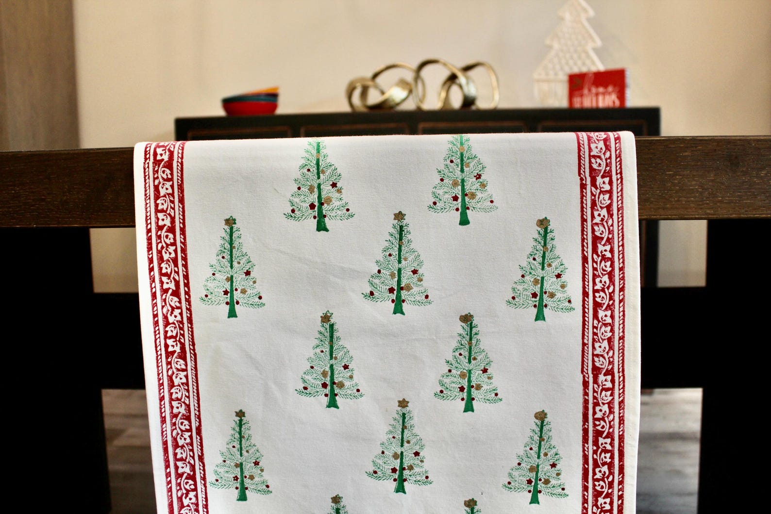 Christmas Hand Block Print Table Runner Handmade Christmas Tree Table ...