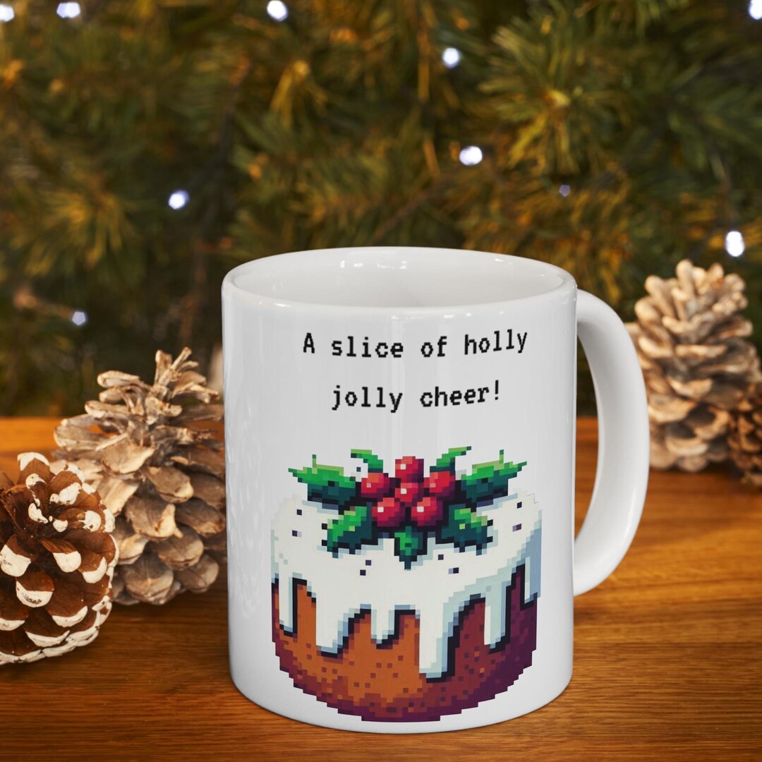 A Slice of Holly Jolly Cheer, Pixel Art Mug, Funny Saying Gift, Festive ...