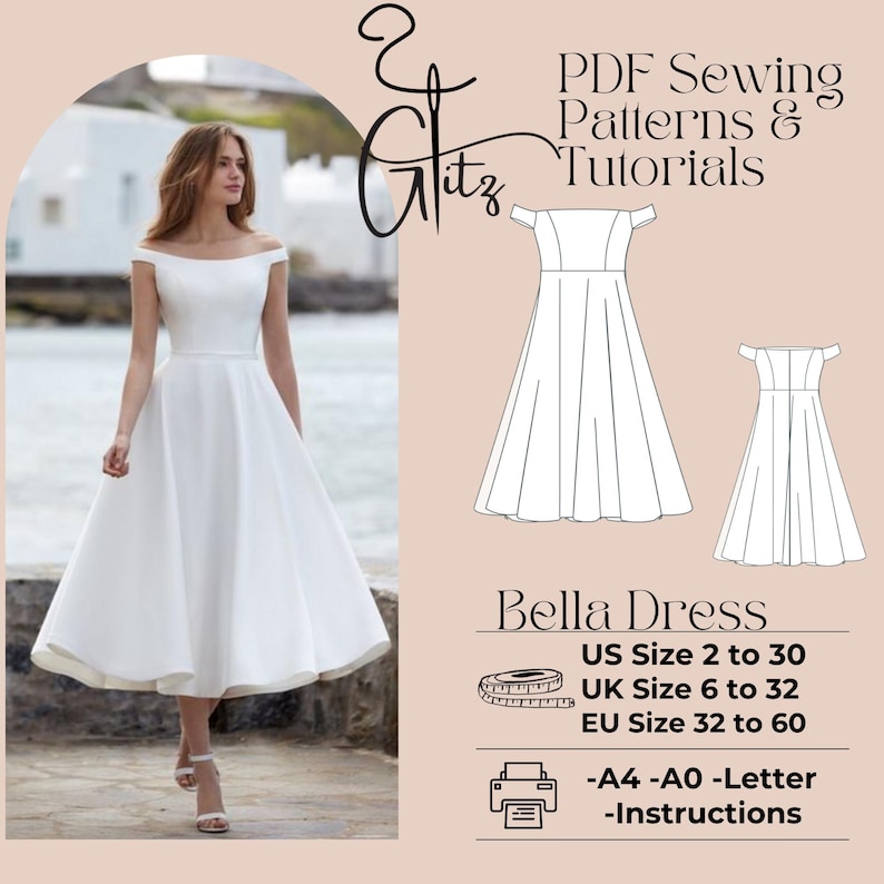 Bella Midi Dress Sewing Pattern Bridal Dress Pattern off Shoulder Dress ...