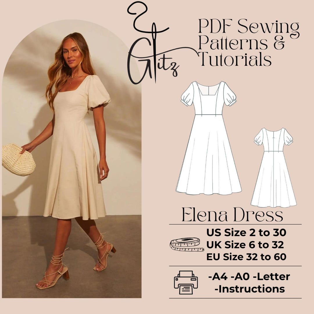 Midi Dress Sewing Pattern, Puff Sleeve Cottagecore Gown (digital PDF ...
