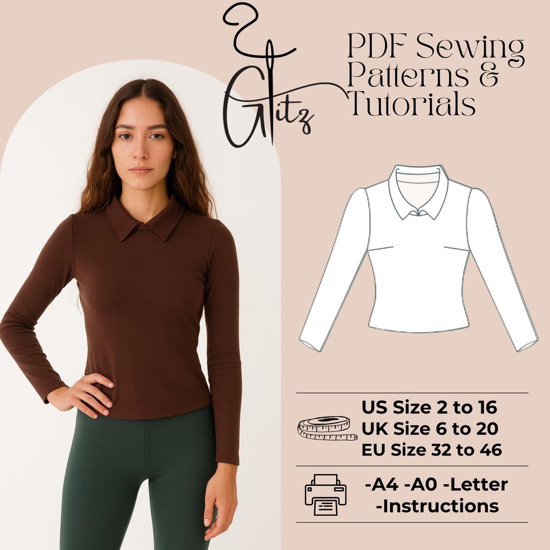 Collared Knit Top Sewing Pattern | Fitted Long Sleeve (PDF Pattern) - Etsy