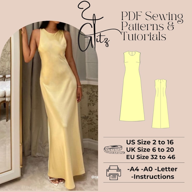 Satin Maxi Evening Dress Sewing Pattern PDF Digital Pattern Long Dress ...
