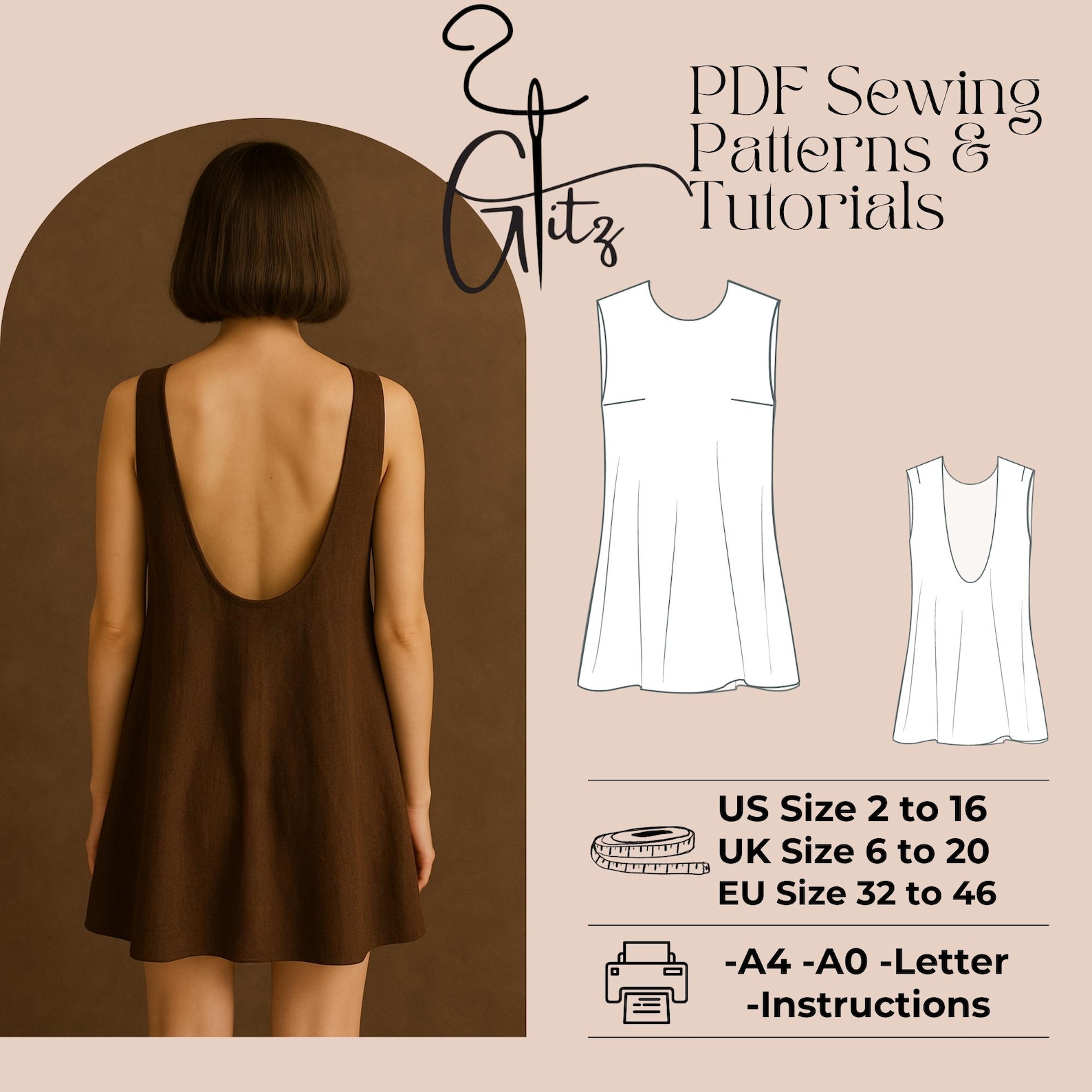 Open Back Dress Sewing Pattern Mini Summer Linen Dress Pattern Backless ...