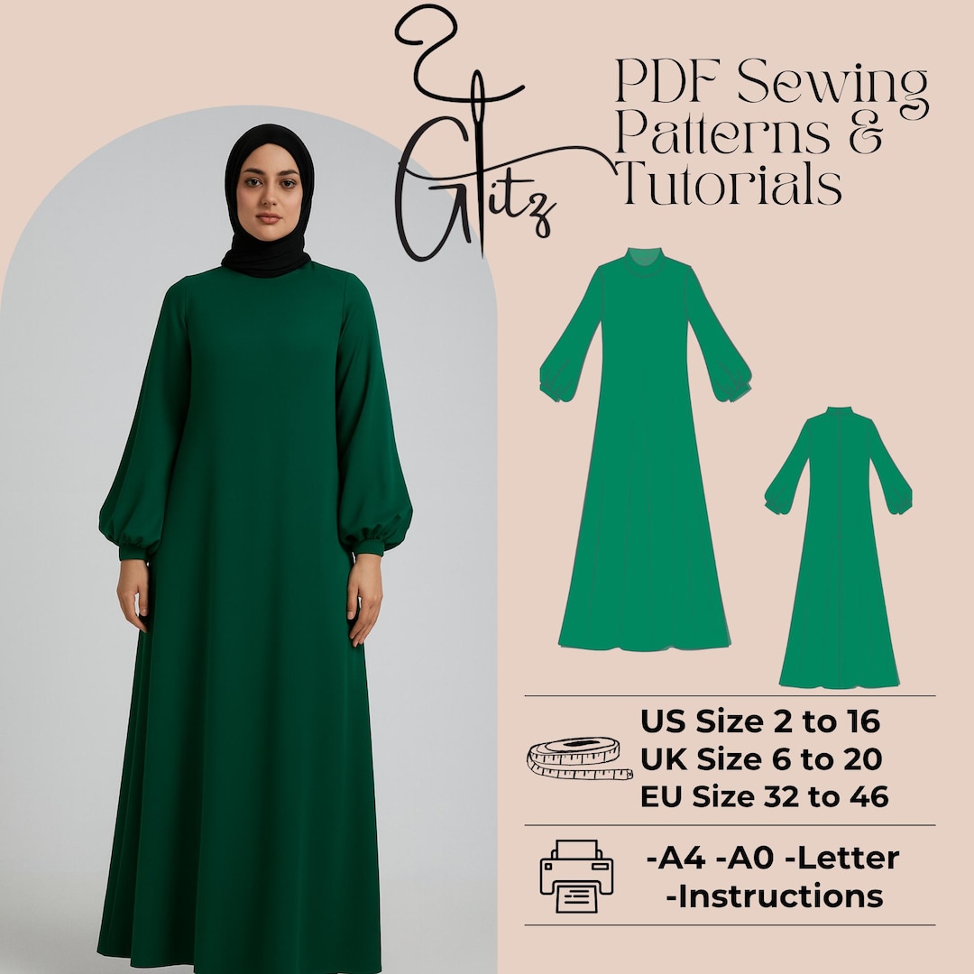 Long Sleeve Hijab Dress Sewing Pattern, Modest Abaya Kaftan (PDF ...