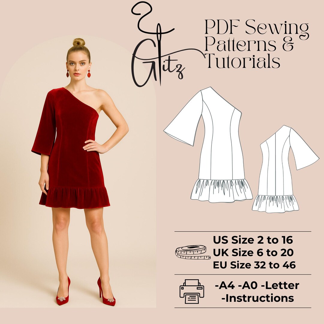 One Shoulder Mini Dress Sewing Pattern, Ruffled Hem (PDF Pattern) - Etsy