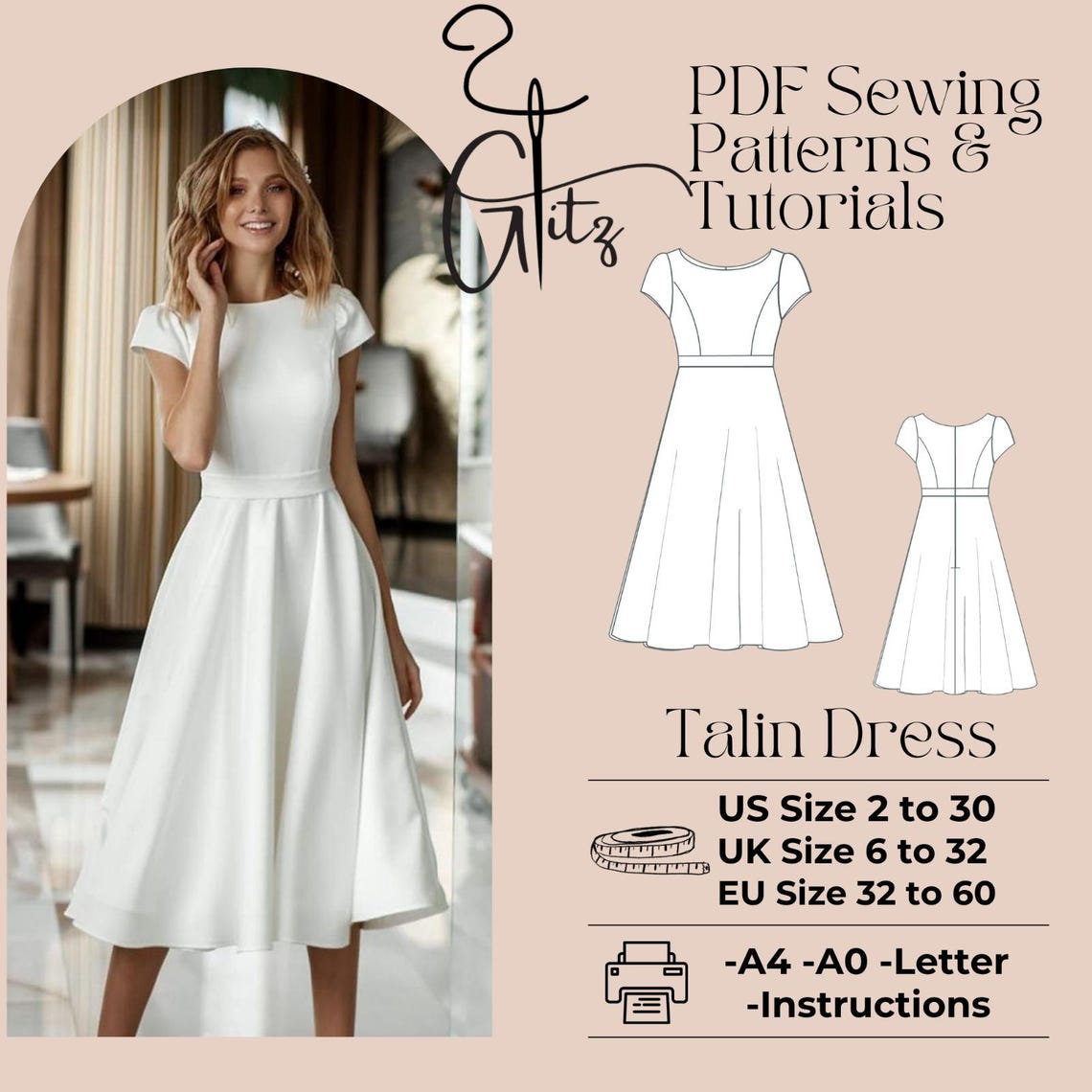 Talin Midi Bridal Dress Pattern Evening Gown Dress Digital PDF Sewing ...