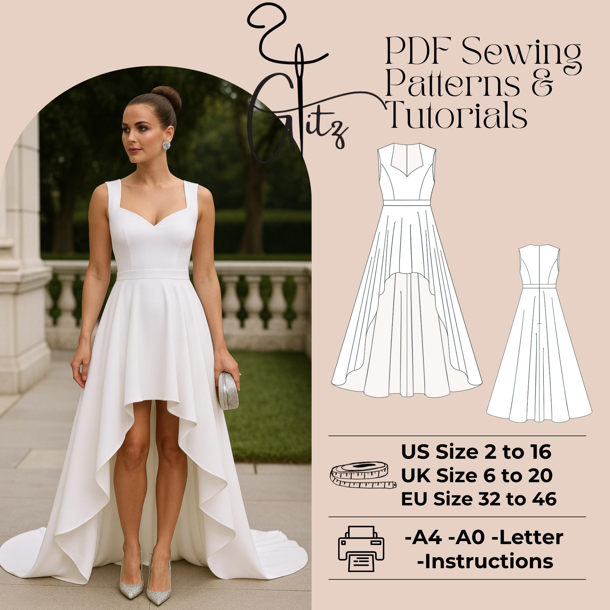 Hi Low Evening Dress Sewing Pattern Hi Low Bridal Gown Ball Gown ...