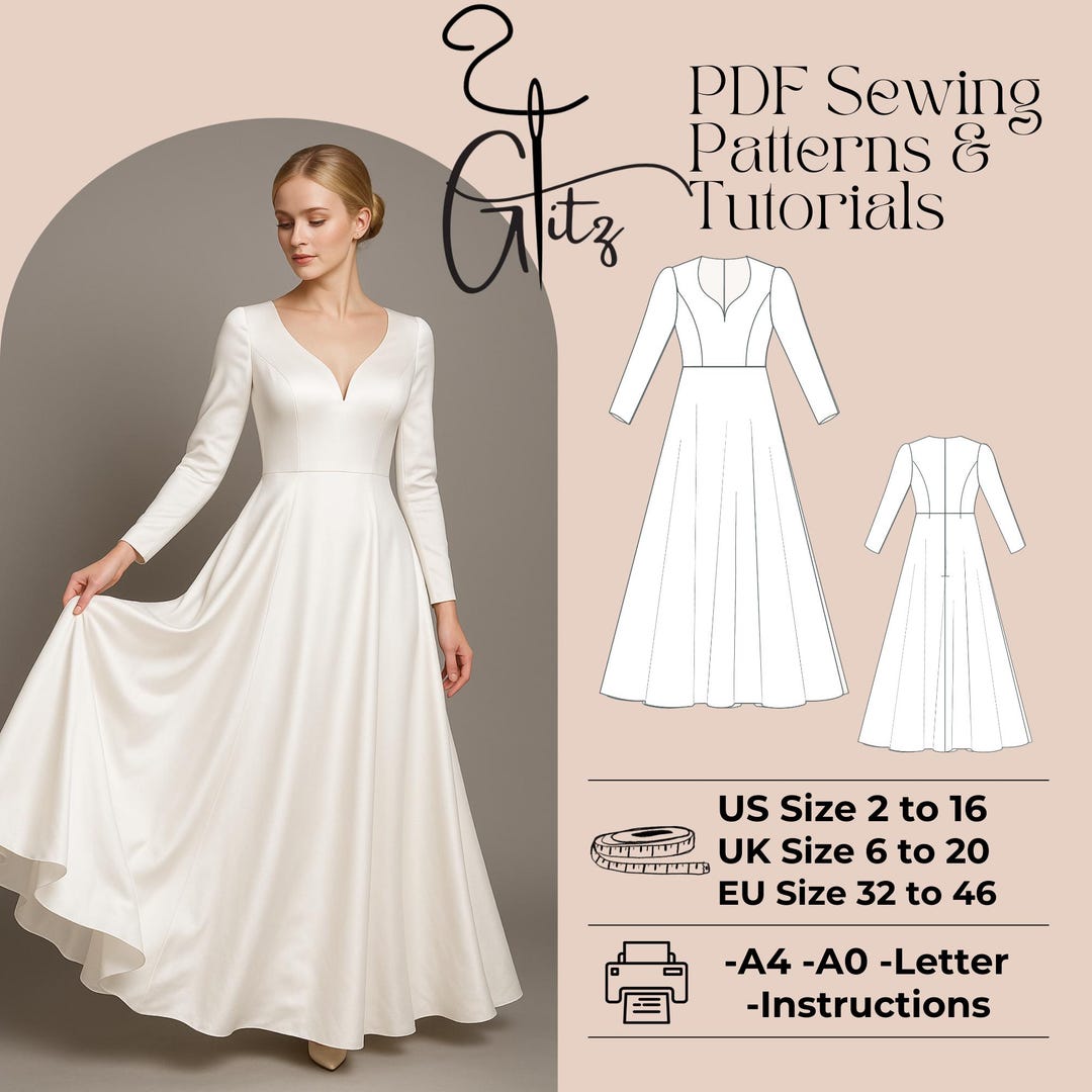 Satin V-neck Bridal Gown Sewing Pattern (US 2-30) (PDF Pattern) - Etsy