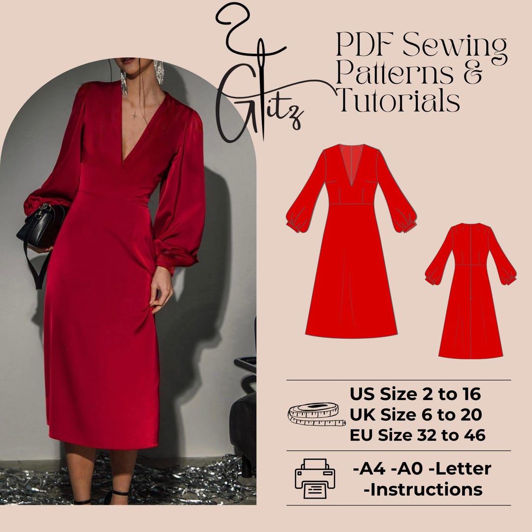 Satin Midi Dress Sewing Pattern, A-line V-neck (PDF Pattern) - Etsy