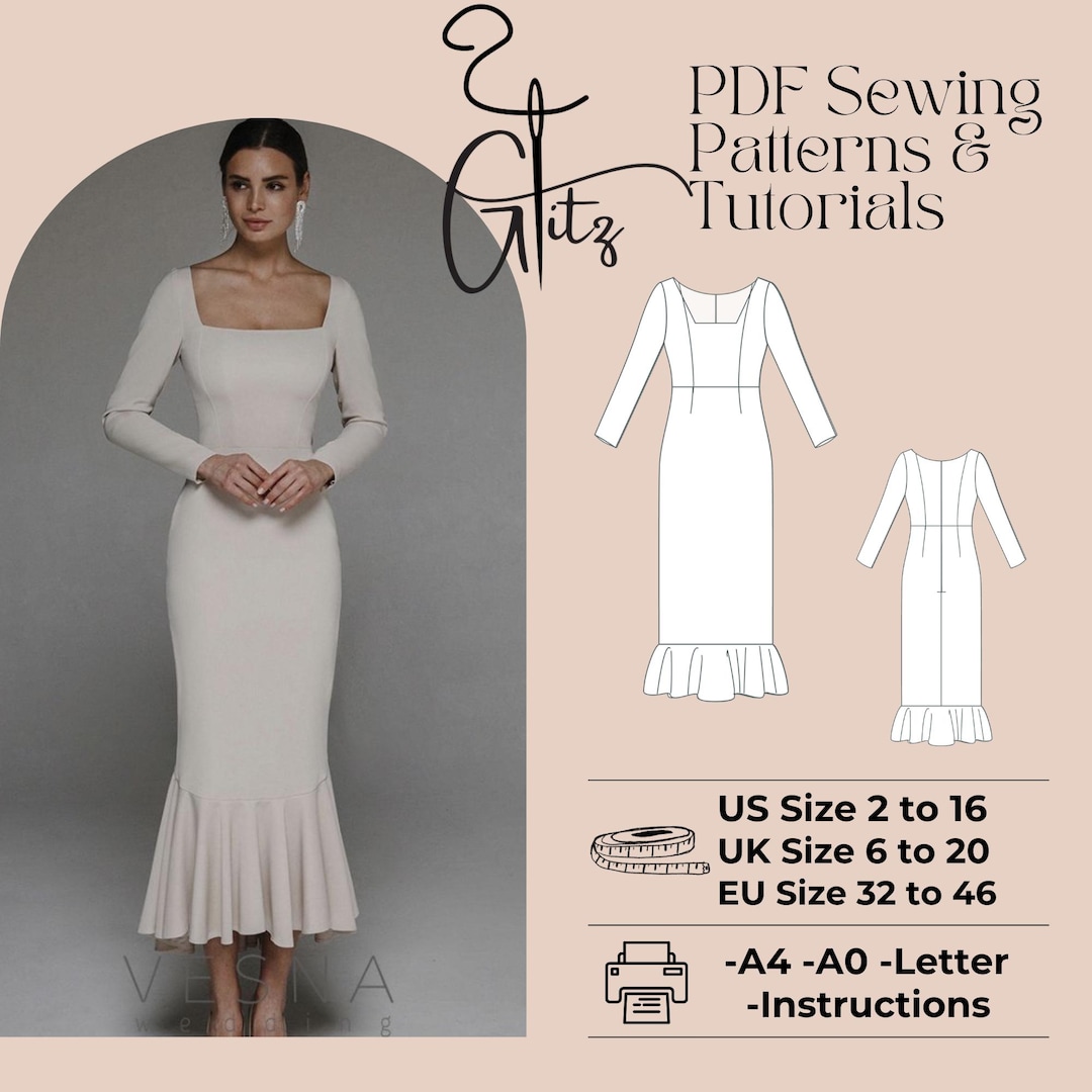 Long Sleeve Flounce Skirt Evening Dress Sewing Pattern Pencil Cocktail ...