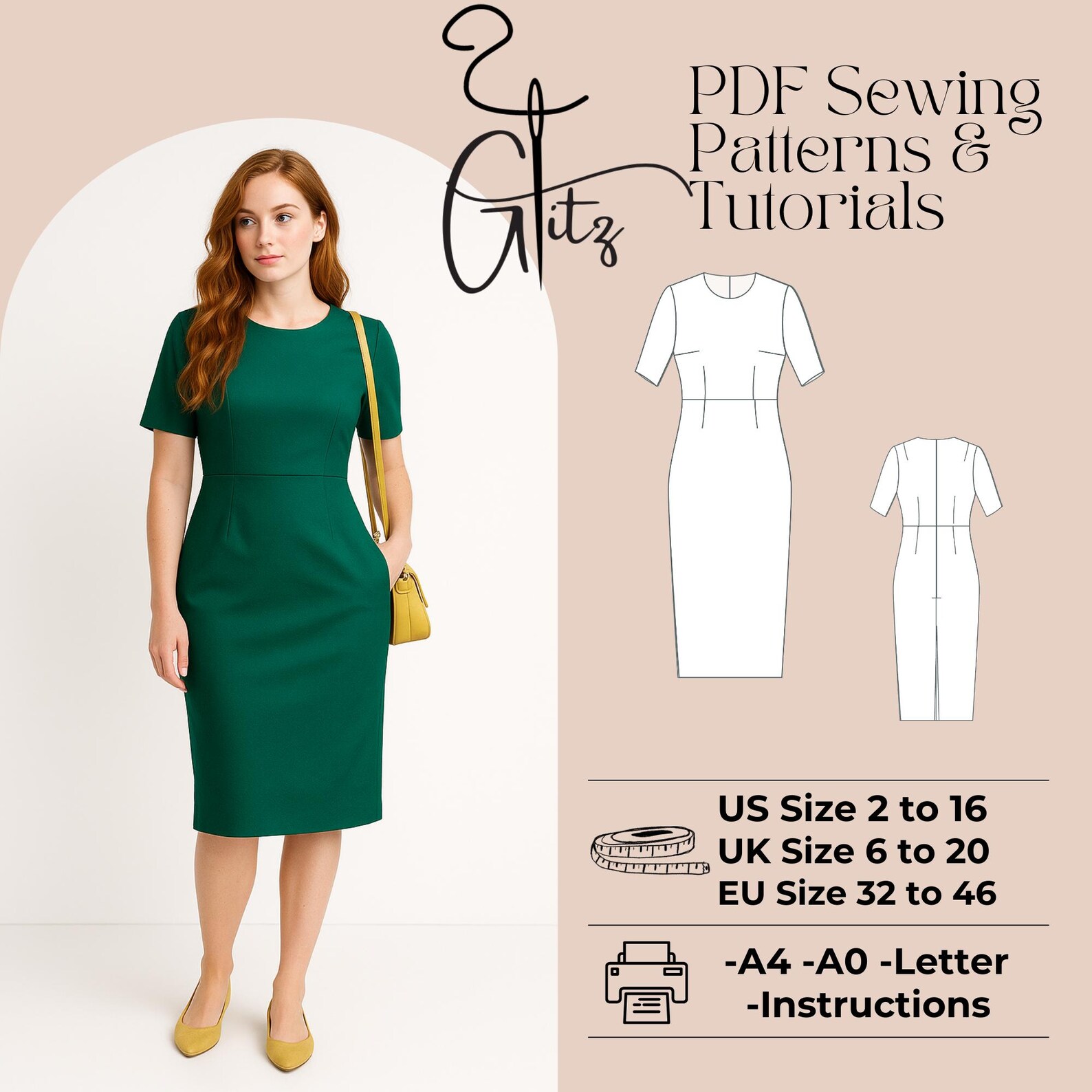 Midi Office Dress Sewing Pattern Short Sleeve Pencil Dress Pattern ...